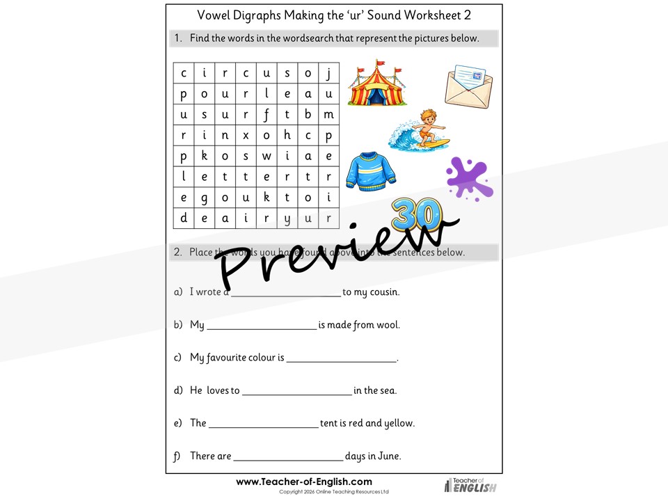 Vowel Digraphs Making the 'ur' Sound - Year 1 Spelling | Teaching Resources