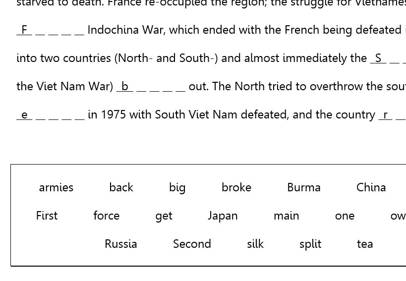 French Indochina: cloze sheets, differentiated x4. | Teaching Resources