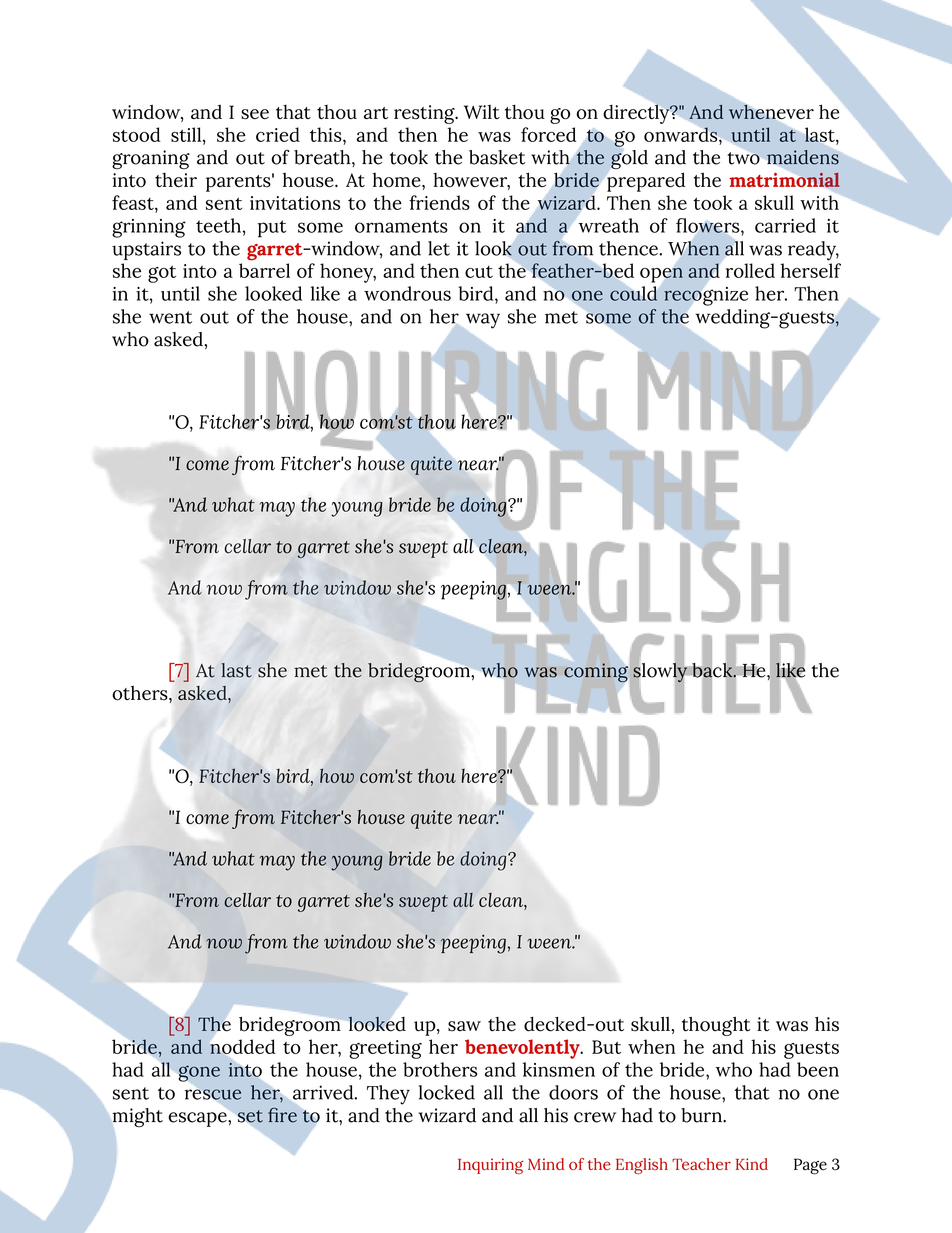 "Fitcher's Bird" Close Reading Analysis Worksheet | Grimm's Fairy Tale ...