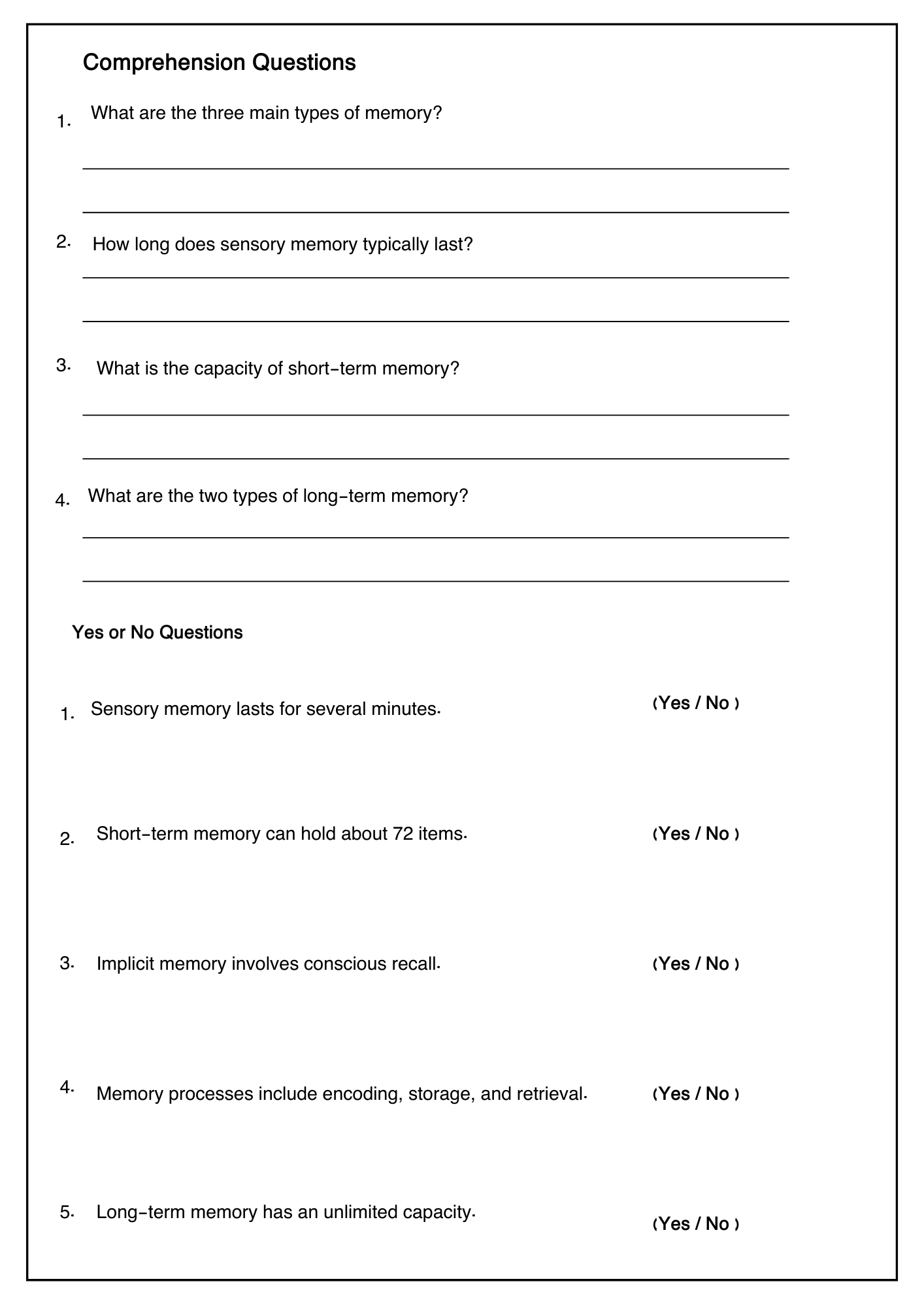 Memory and How It Works Reading Comprehension Passages & Questions ...