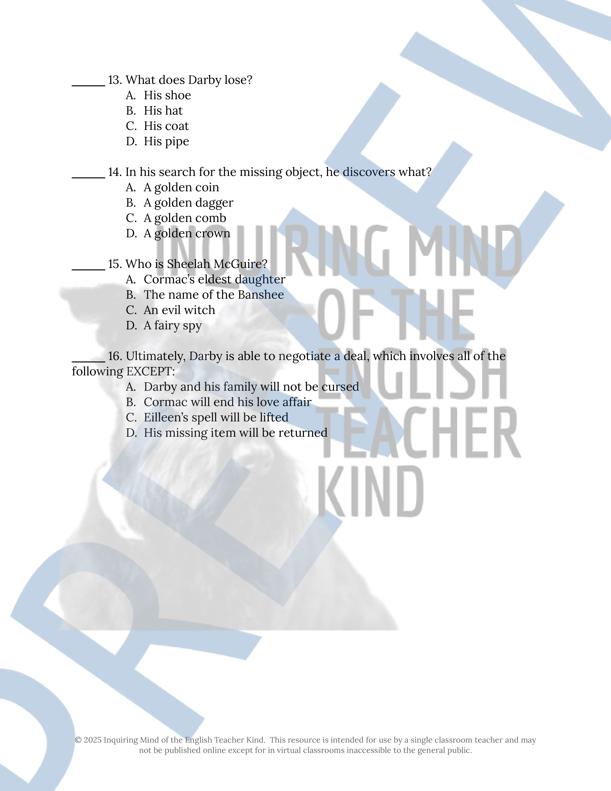 "The Banshee's Halloween" by Herminie Templeton Quiz and Answer Key ...