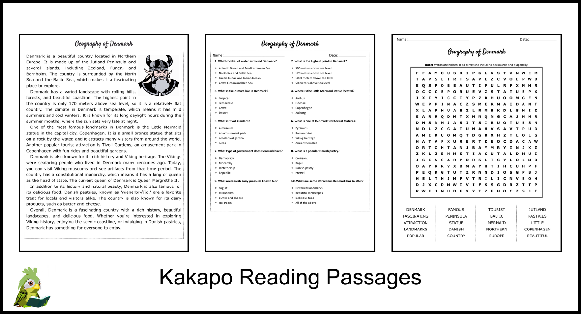 Geography of Denmark Reading Comprehension and Word Search | Teaching ...