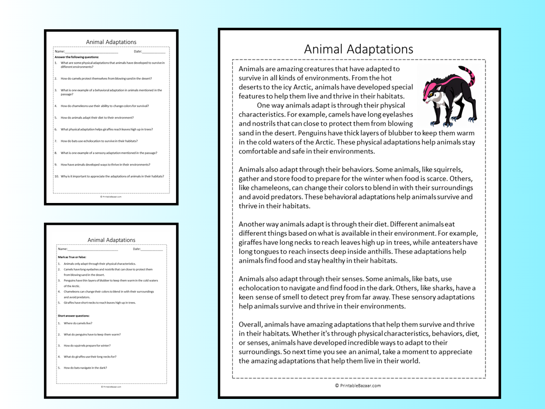 Animal Adaptations Reading Comprehension Passage Printable Worksheet | Teaching Resources