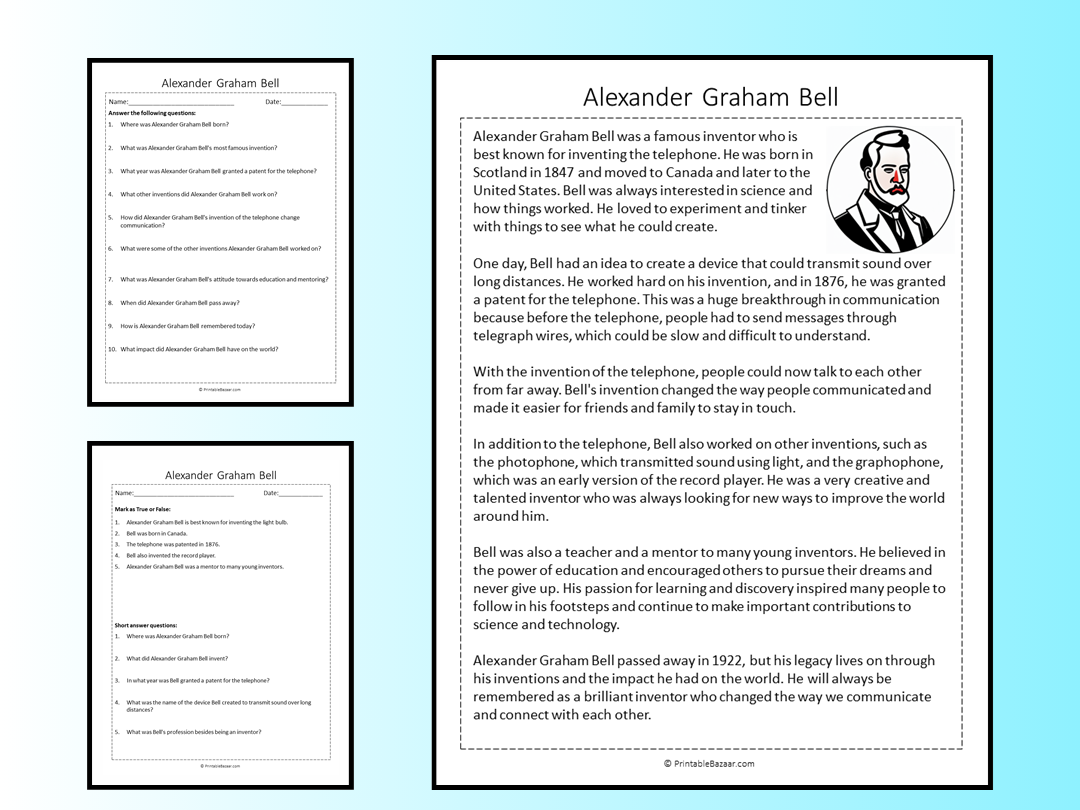 Alexander Graham Bell Reading Comprehension Passage Printable Worksheet ...