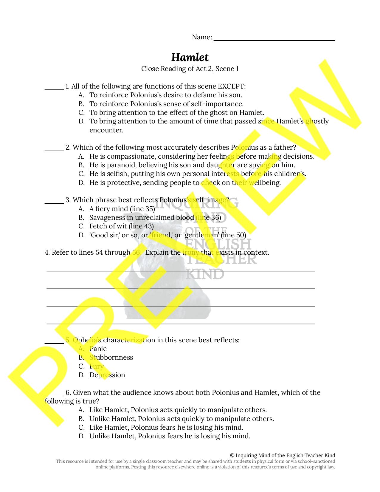 Hamlet Act 2 Scene 1 Close Reading Worksheet | Teaching Resources