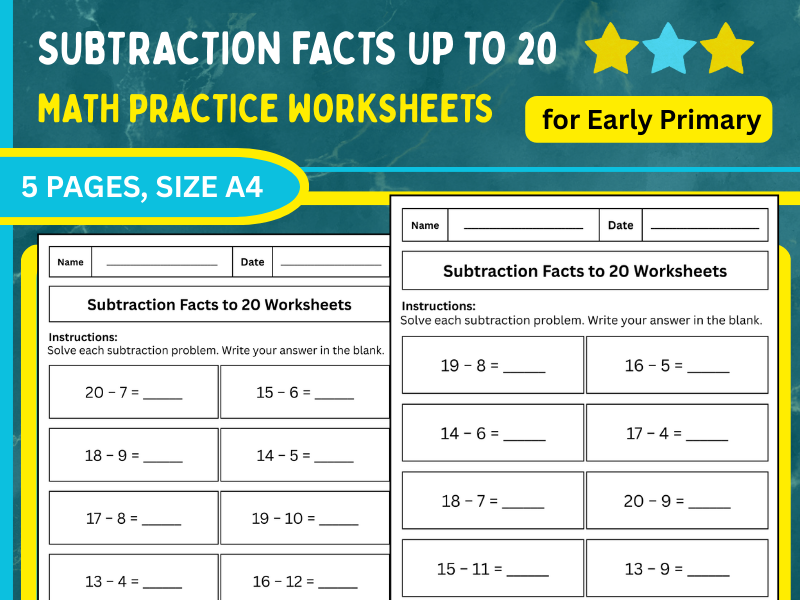 Subtraction Facts up to 20 - Math Practice Worksheets for Early Primary ...