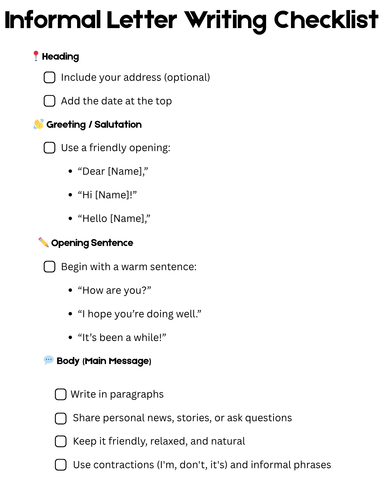 Informal Letter Writing Checklist | Teaching Resources