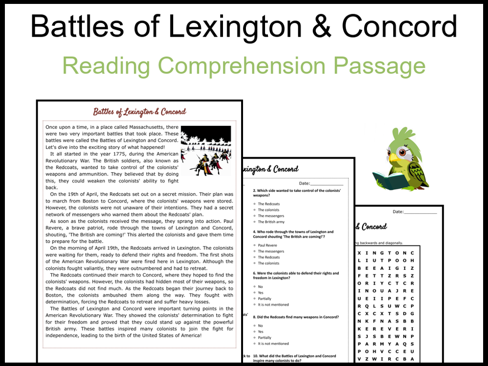 Battles of Lexington & Concord Reading Comprehension and Word Search ...