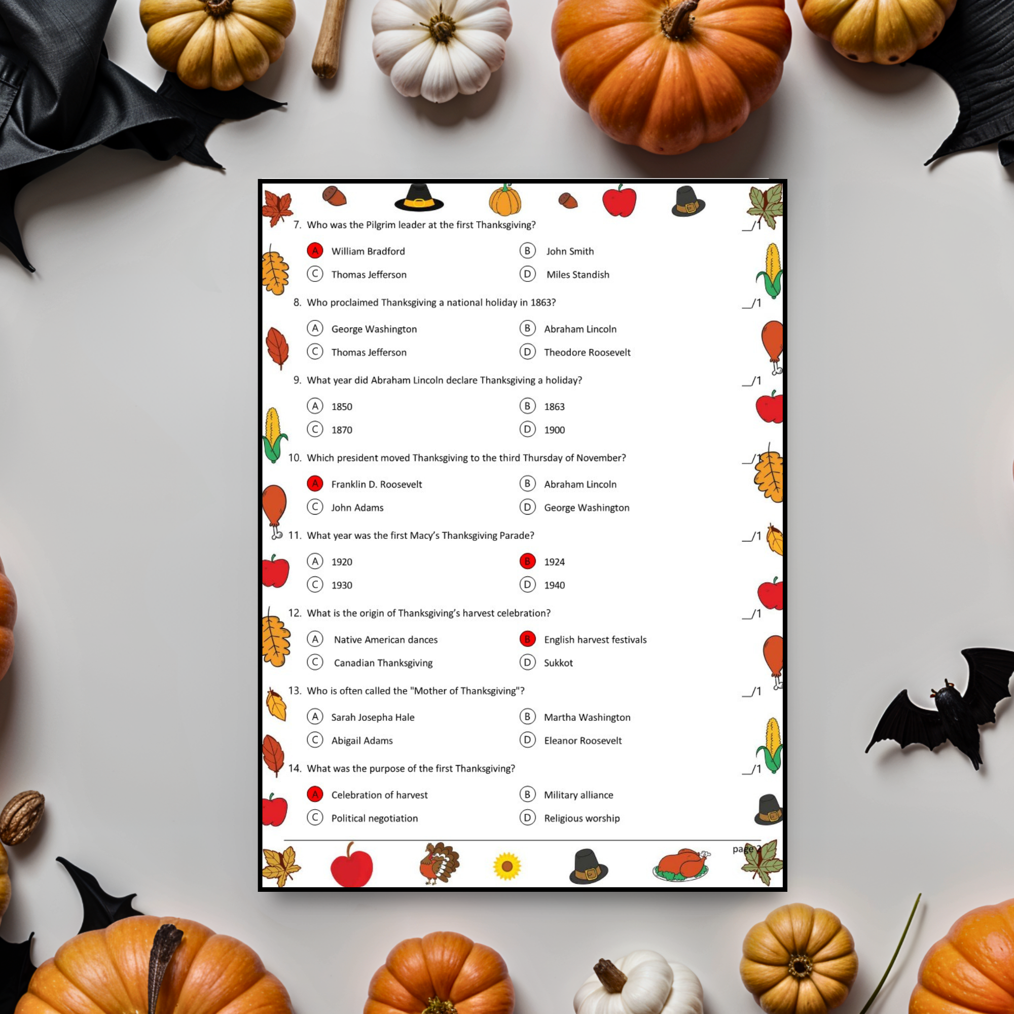 Thanksgiving Fun Trivia Game Vocabulary Thanksgiving History MCQ Quiz ...