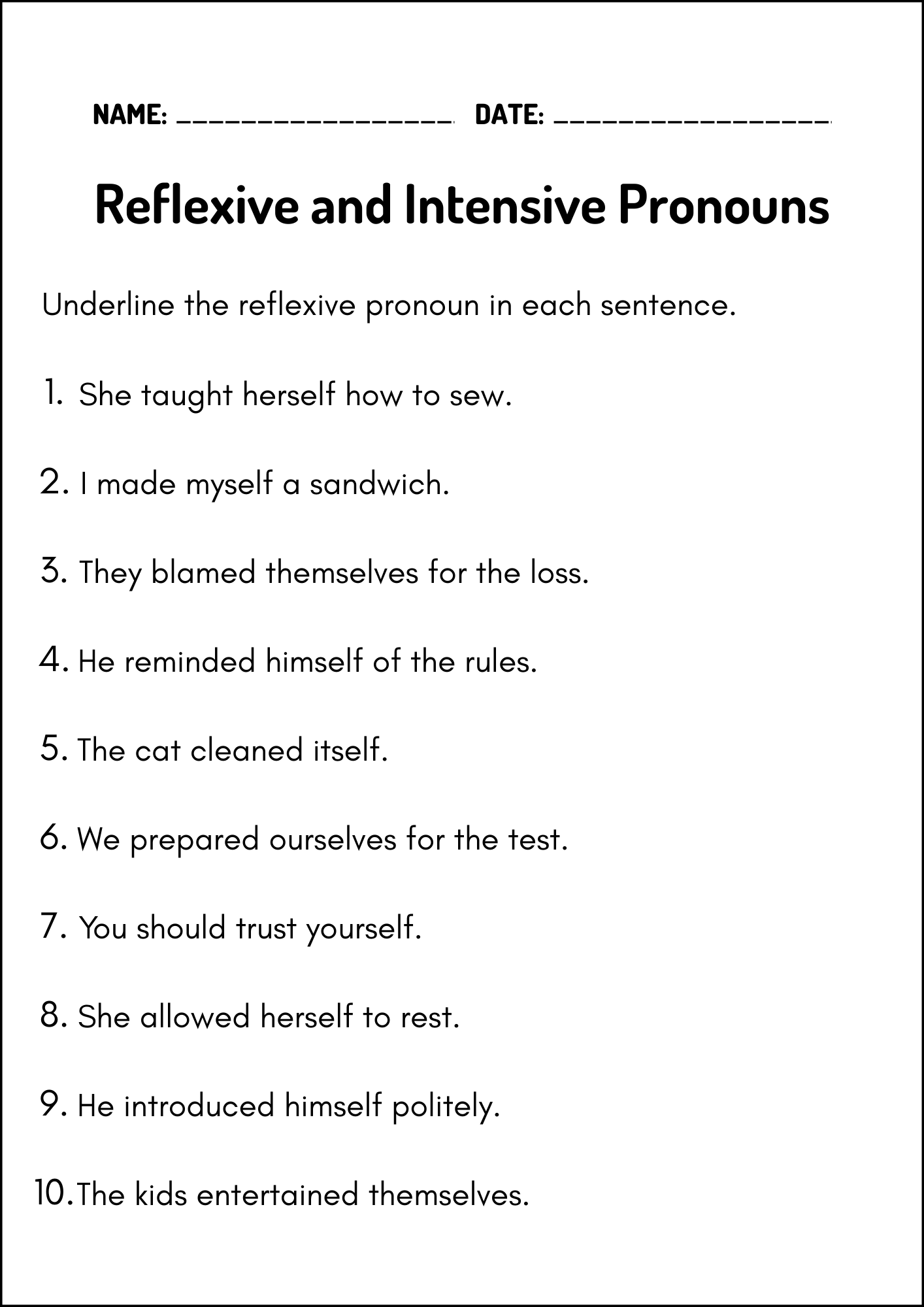 Reflexive and Intensive Pronouns Mastery Worksheets | Teaching Resources