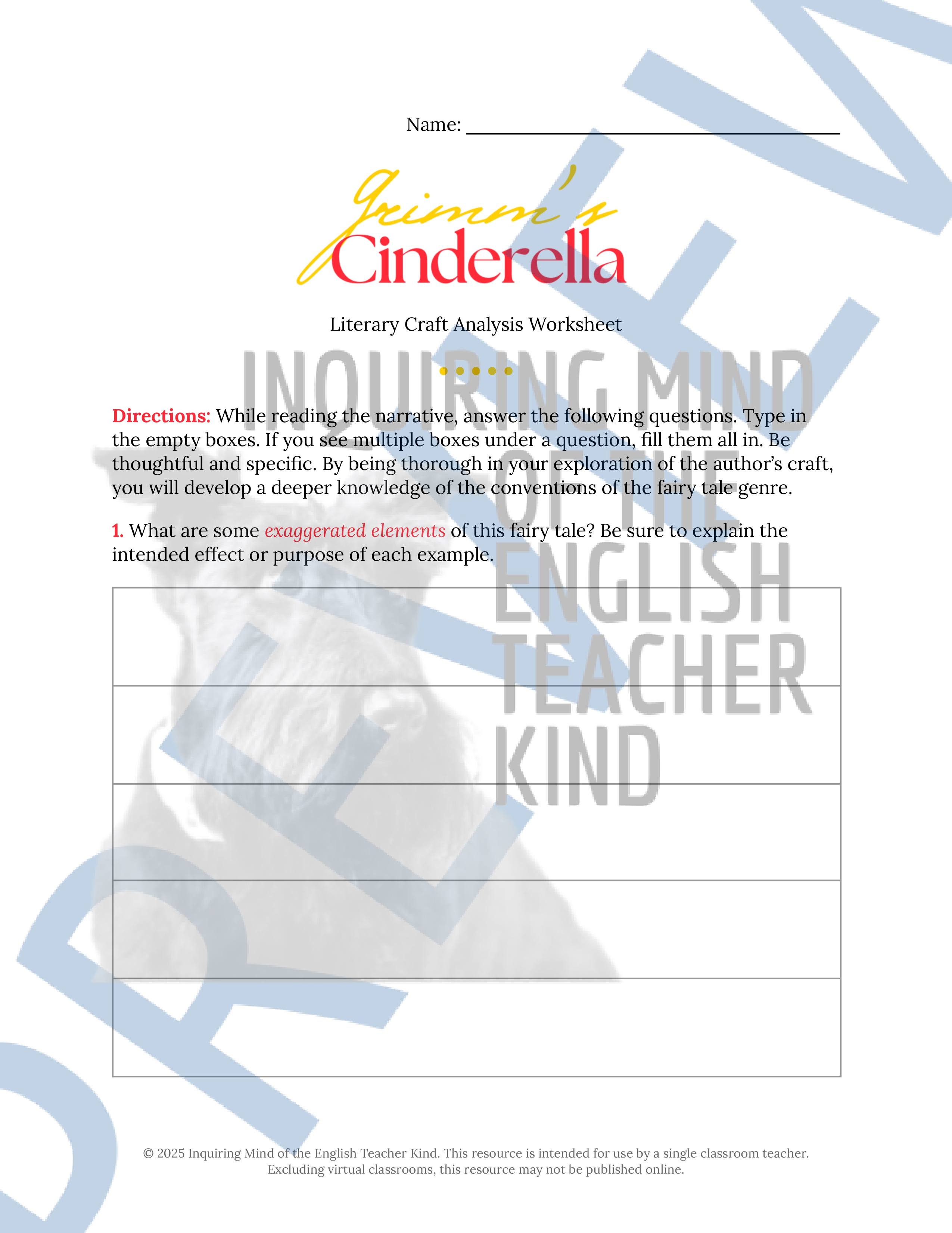 "Cinderella" Literary Craft Analysis Worksheet (Grimm's Fairy Tale ...