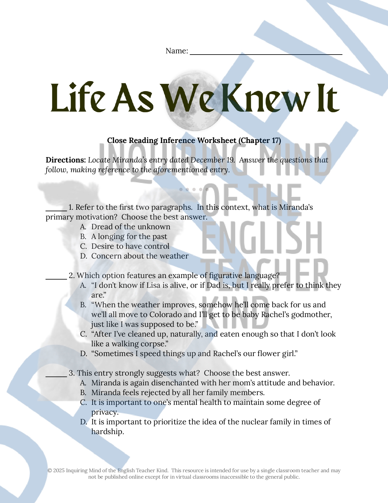 Life As We Knew It Chapter 17 Close Reading Inference Worksheet and ...