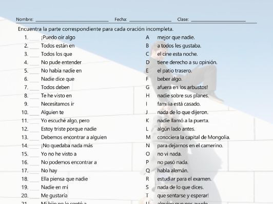 Indefinite Pronouns Sentence Match Spanish Worksheet | Teaching Resources