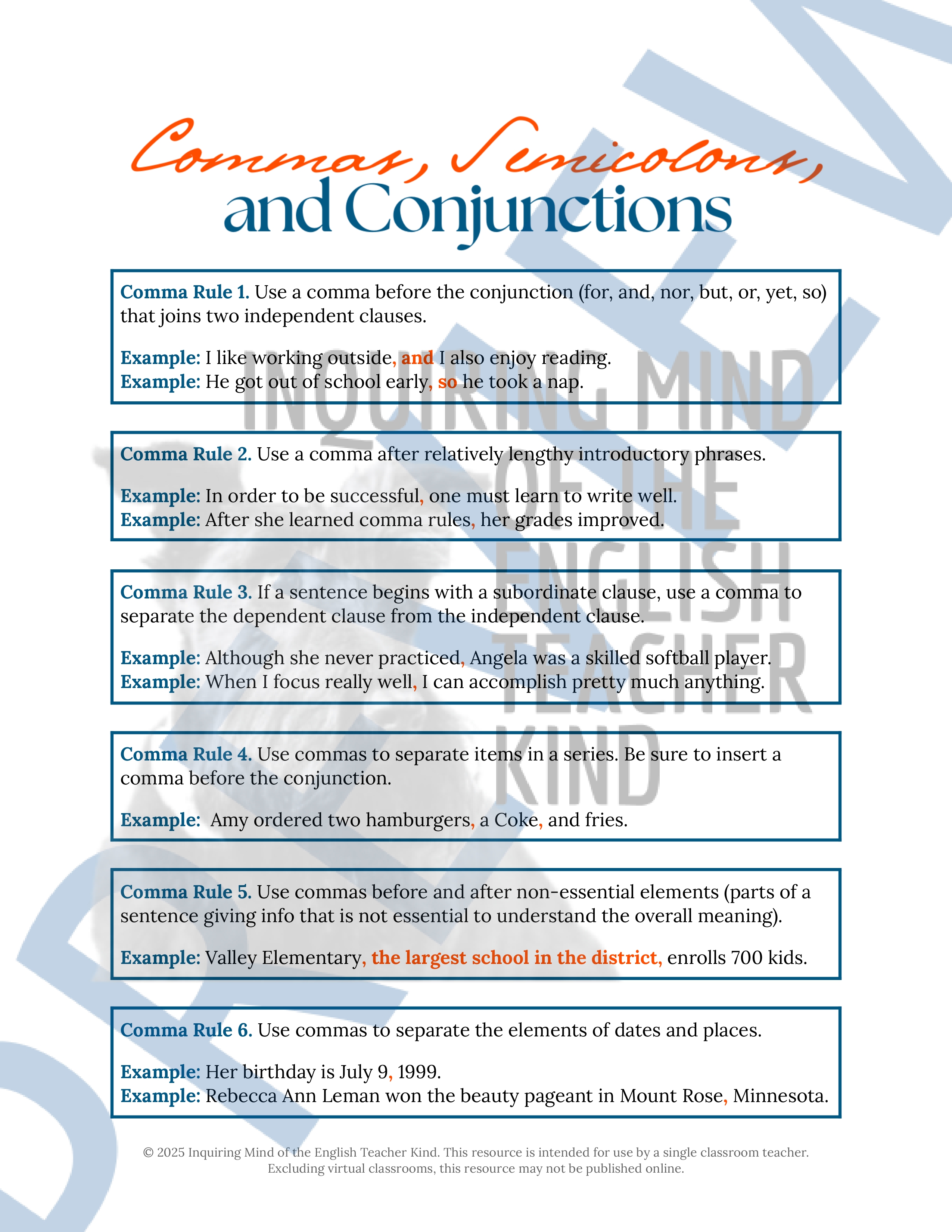 Grammar Review Worksheet on Commas, Semicolons, and Conjunctions with ...