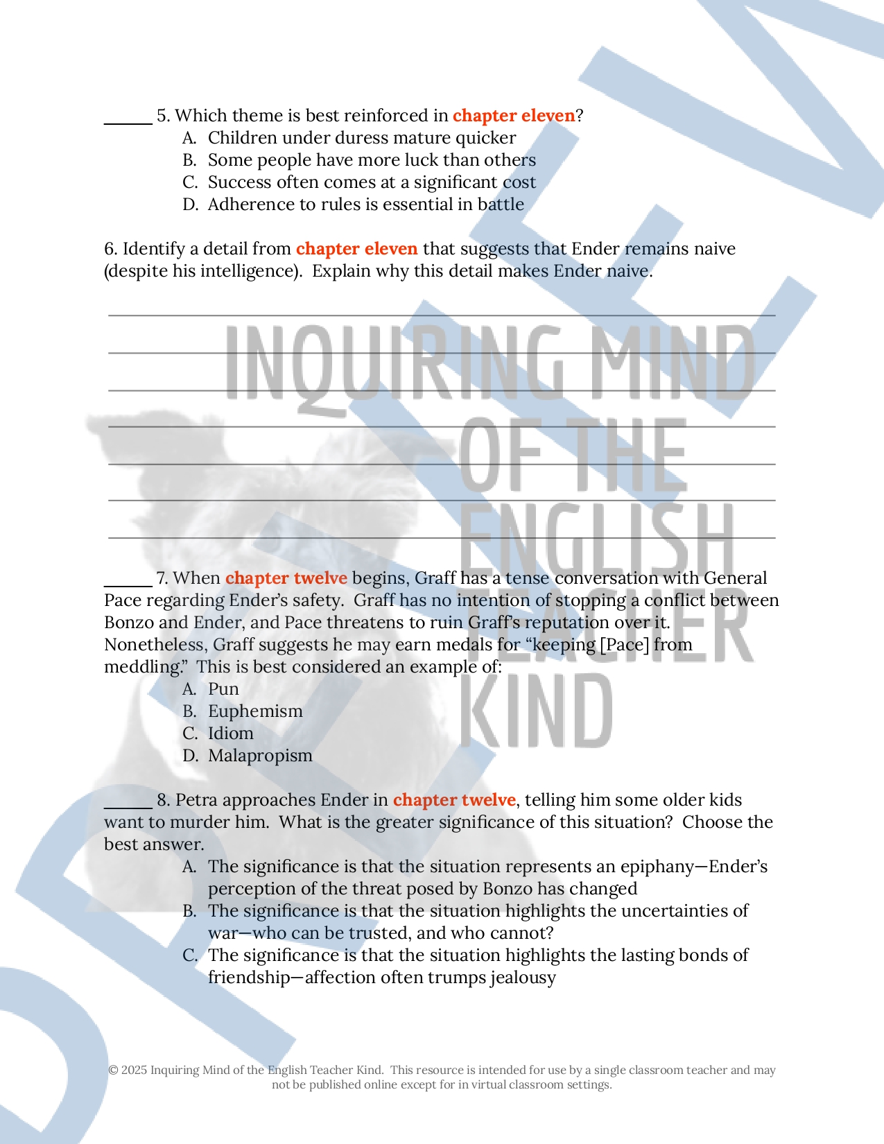 Ender's Game Chapters 11, 12, and 13 Close Reading Analysis Worksheet ...