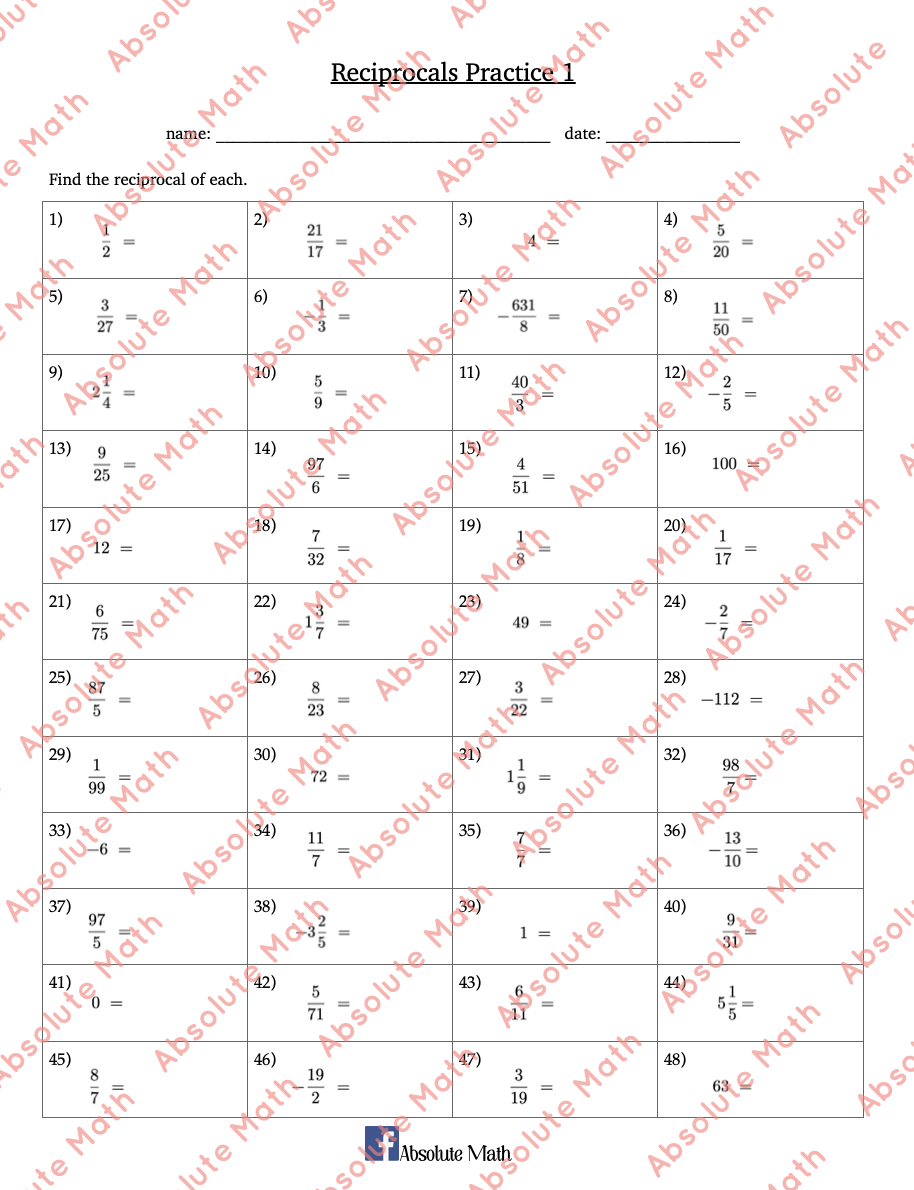Reciprocals Practice 1 | Teaching Resources