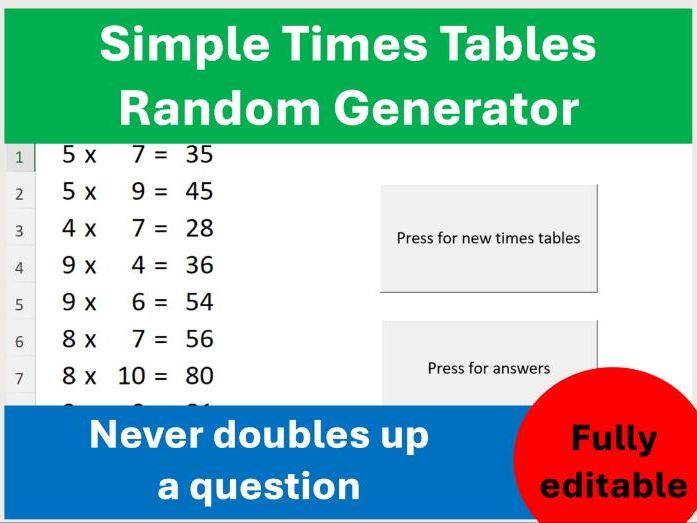 Simple Times Tables Random Generator | Teaching Resources