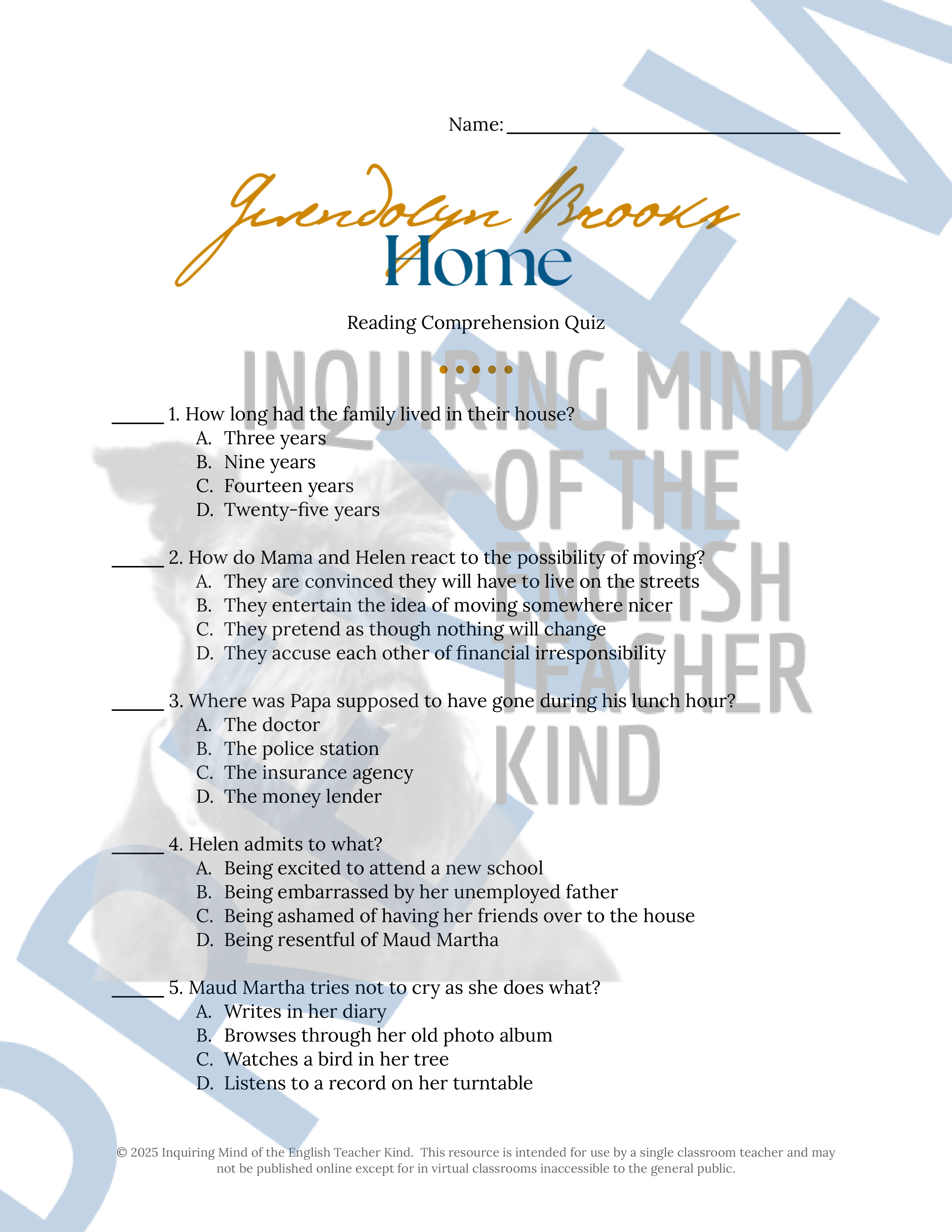 “Home” by Gwendolyn Brooks Quiz and Answer Key | Teaching Resources