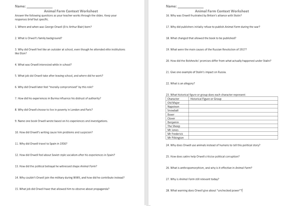 Animal Farm - Context PowerPoint, Worksheets & Answers | Teaching Resources