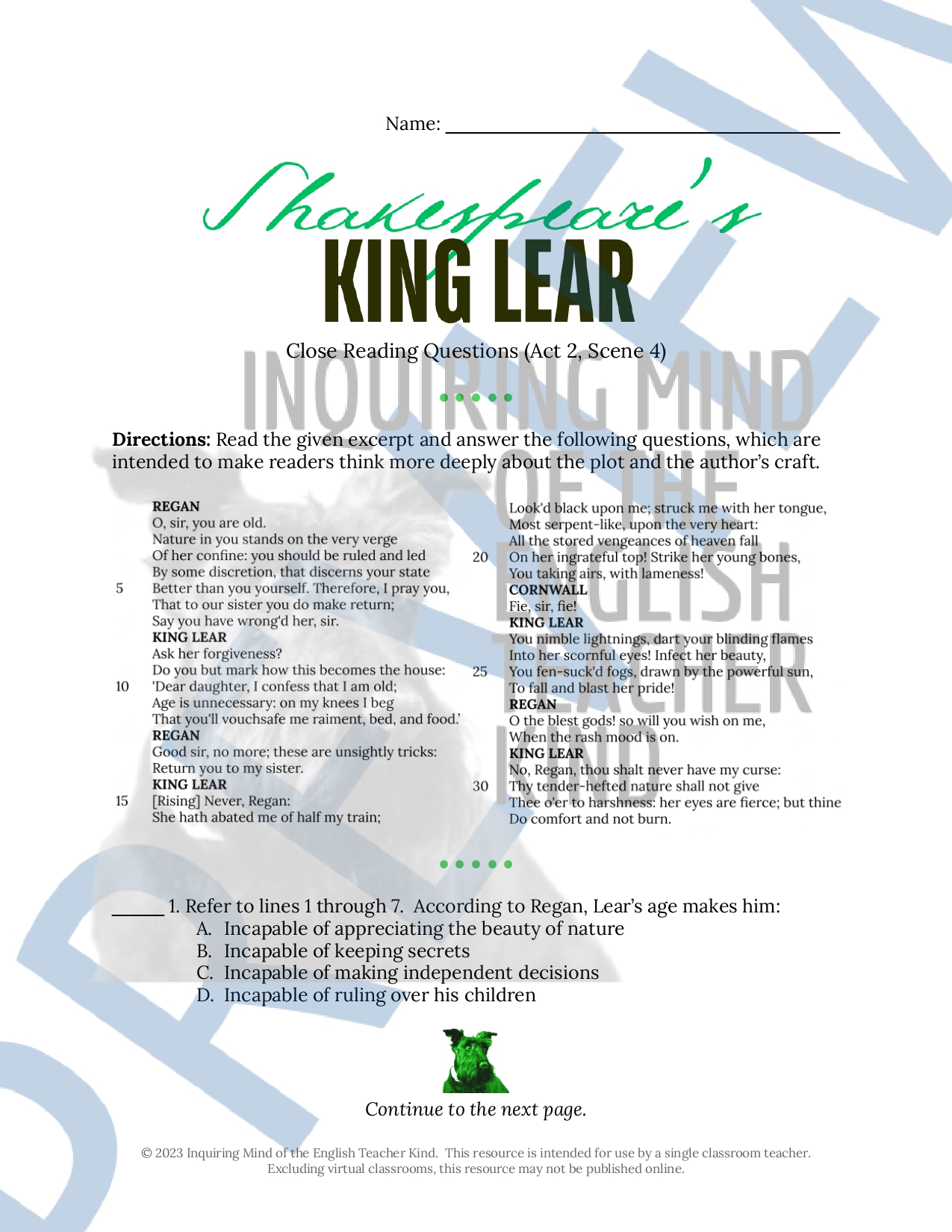 King Lear Act 2 Scene 4 Close Reading Inference Worksheet | Teaching ...