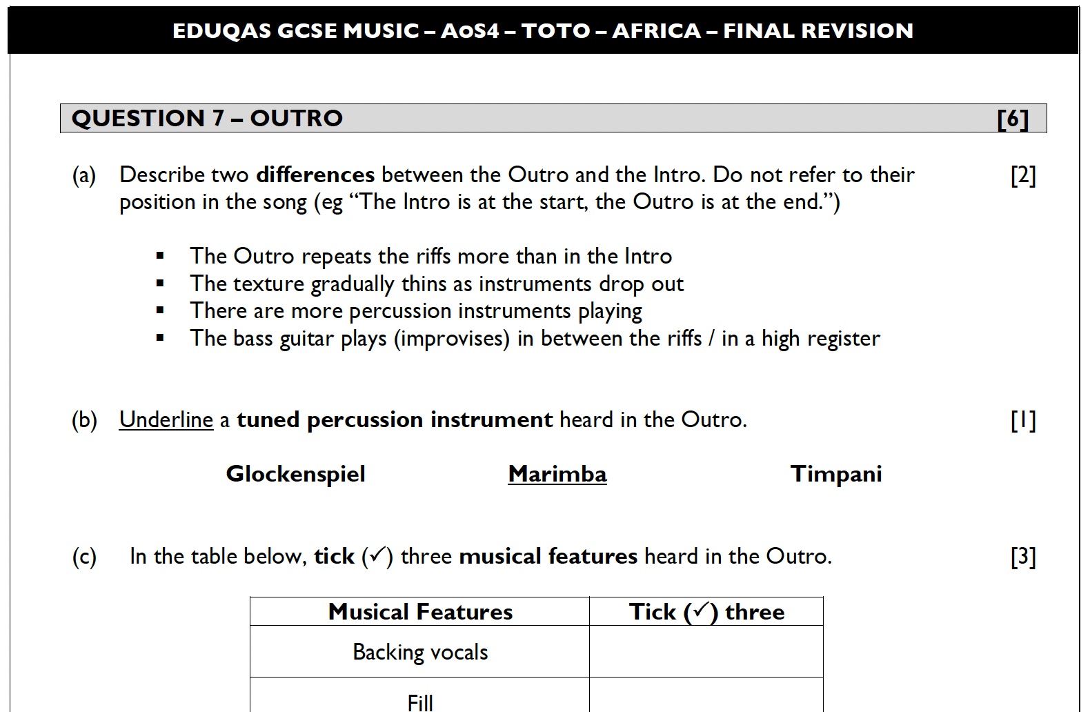 Eduqas GCSE Music - Africa by Toto - Final Revision | Teaching Resources