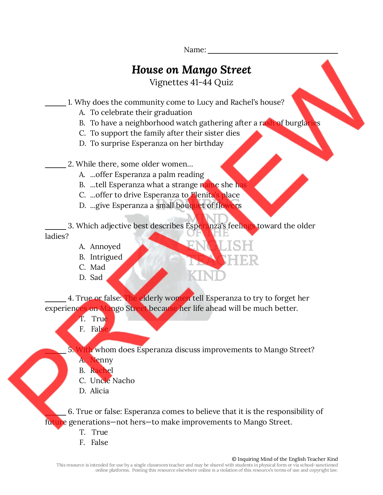 House on Mango Street Quiz on Vignettes 41-44 | Teaching Resources