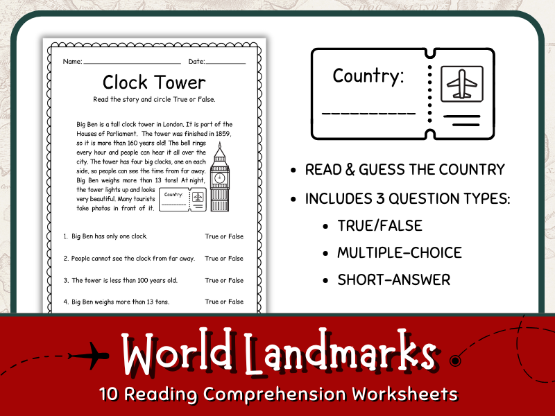 World Landmarks Reading Comprehension | Printable Worksheets | Teaching ...
