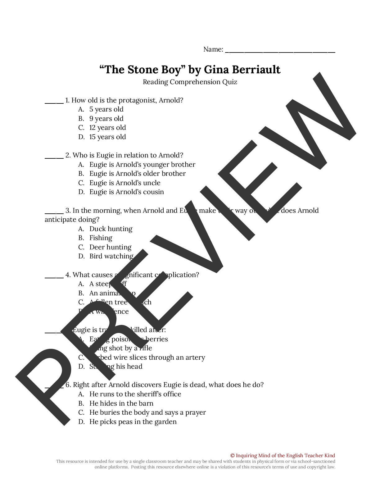 "The Stone Boy" by Gina Berriault Quiz | Teaching Resources