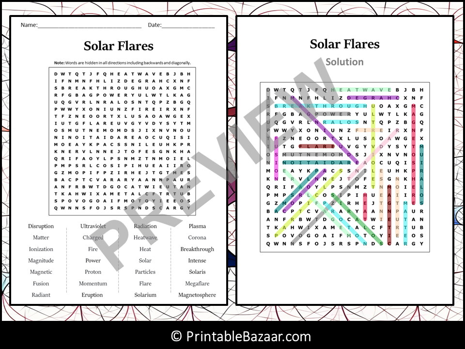 Sun S Solar Flares Printable Word Search Puzzle - Word Search Maker
