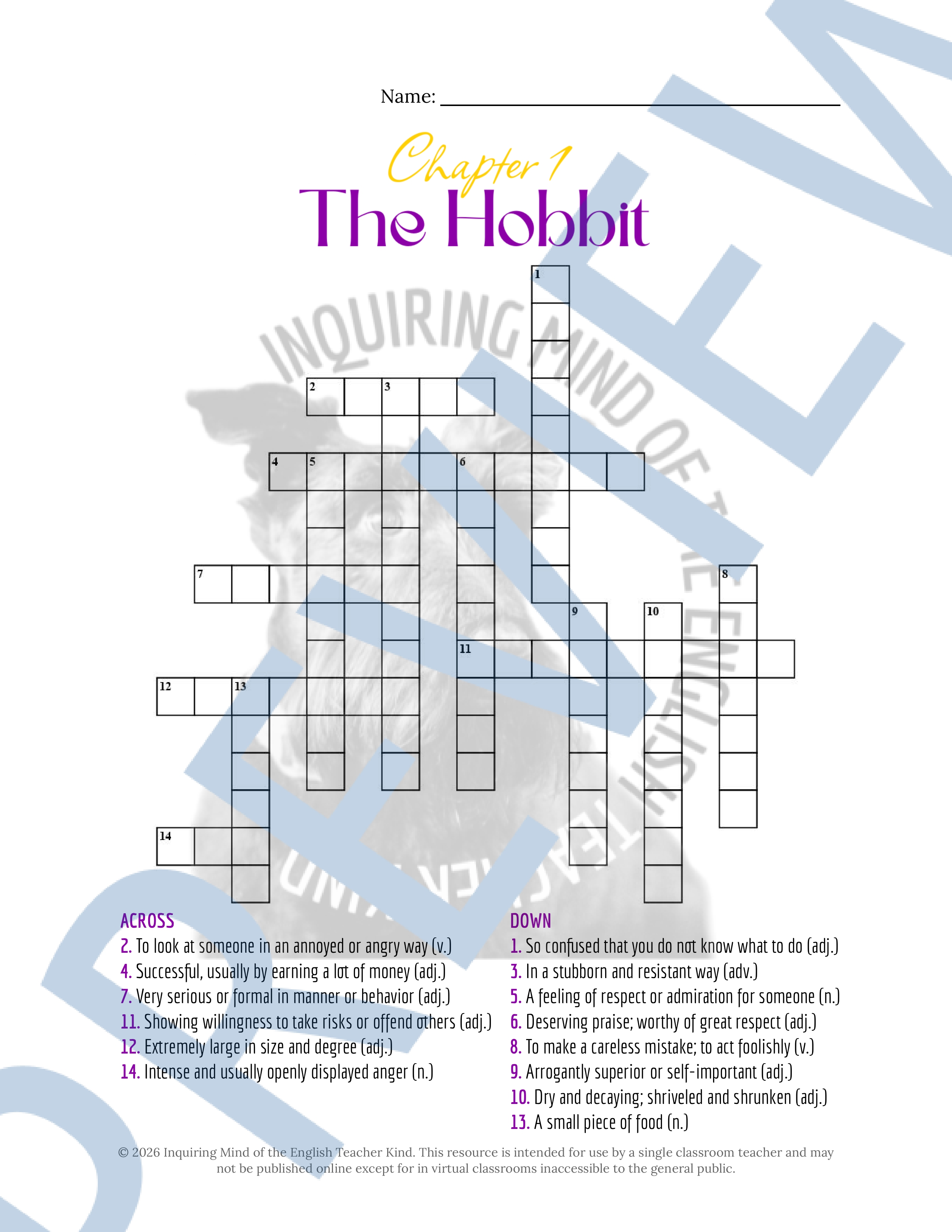 The Hobbit Chapter 1 Vocabulary Games | Crossword Puzzle | Word Search ...