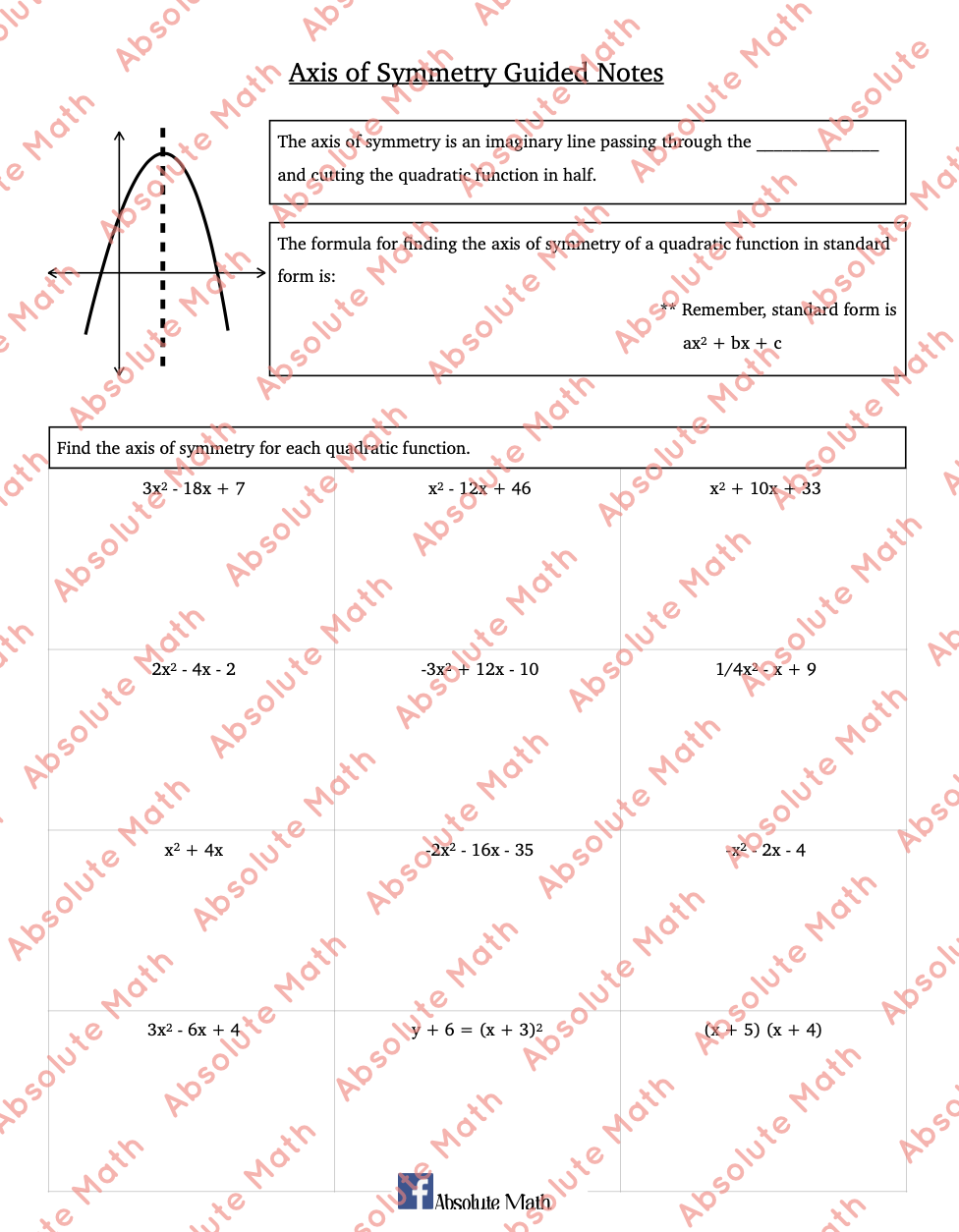 Axis of Symmetry Guided Notes | Teaching Resources