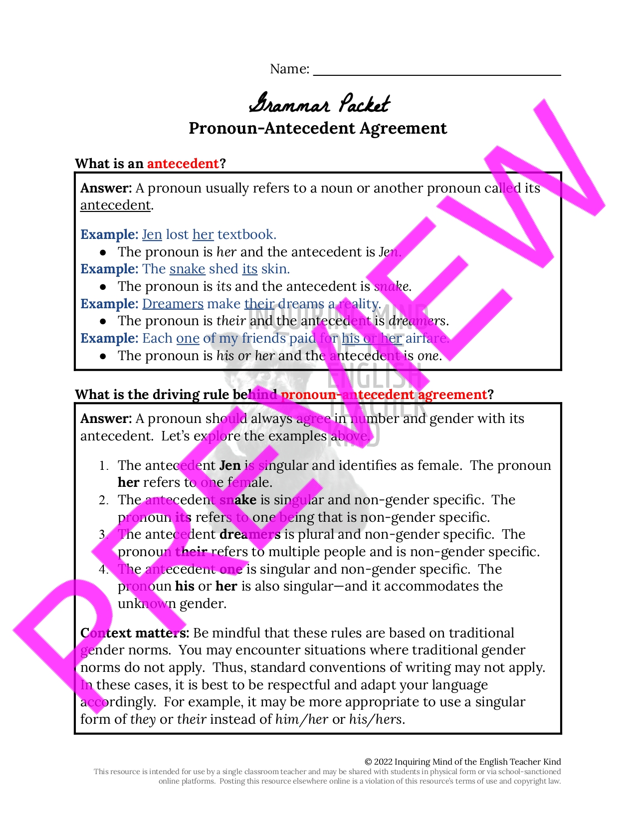 Grammar Worksheet on Pronoun-Antecedent Agreement | Teaching Resources