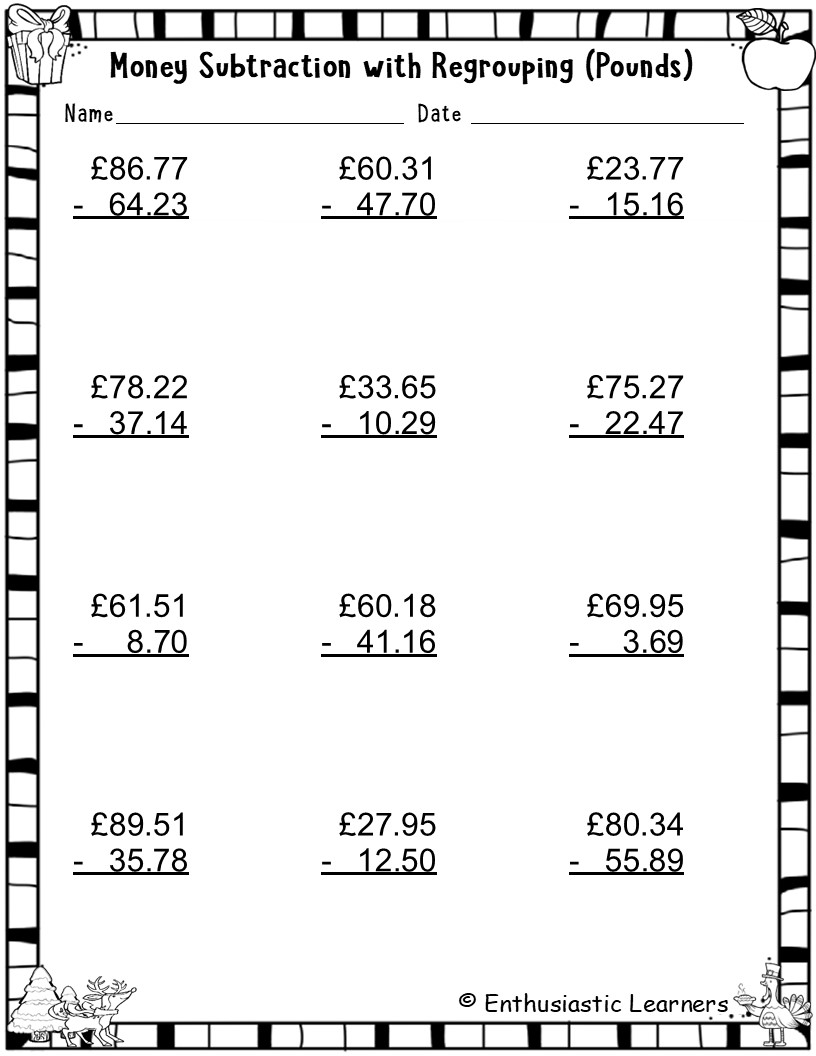 Money Subtraction with Borrowing | Pounds and Cents | Worksheets ...