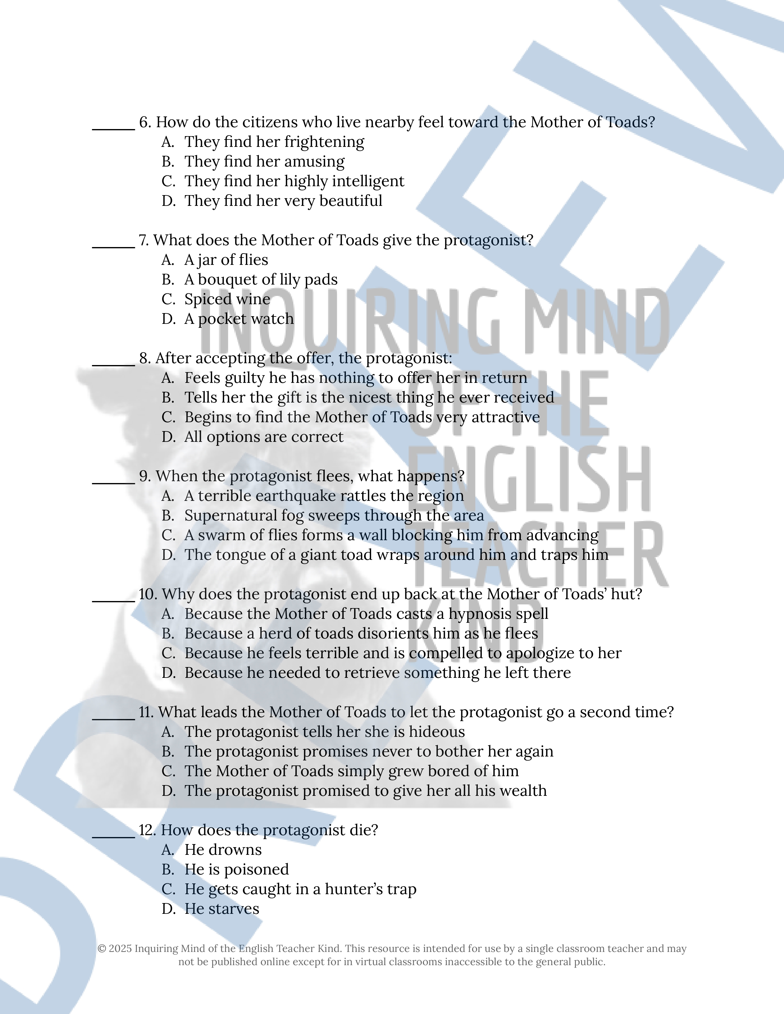 "Mother of Toads" by Clark Ashton Smith Quiz and Answer Key (Halloween ...