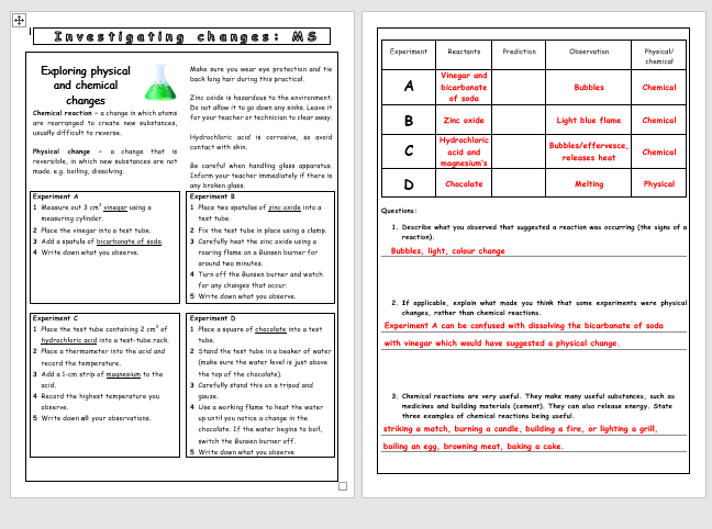 Year 7 Energy - L9 - Chemical and physical changes (Worksheet ...