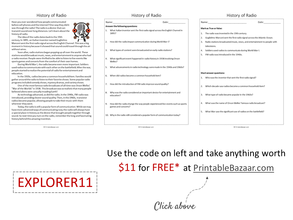 History of Radio Reading Comprehension Passage Printable Worksheet ...