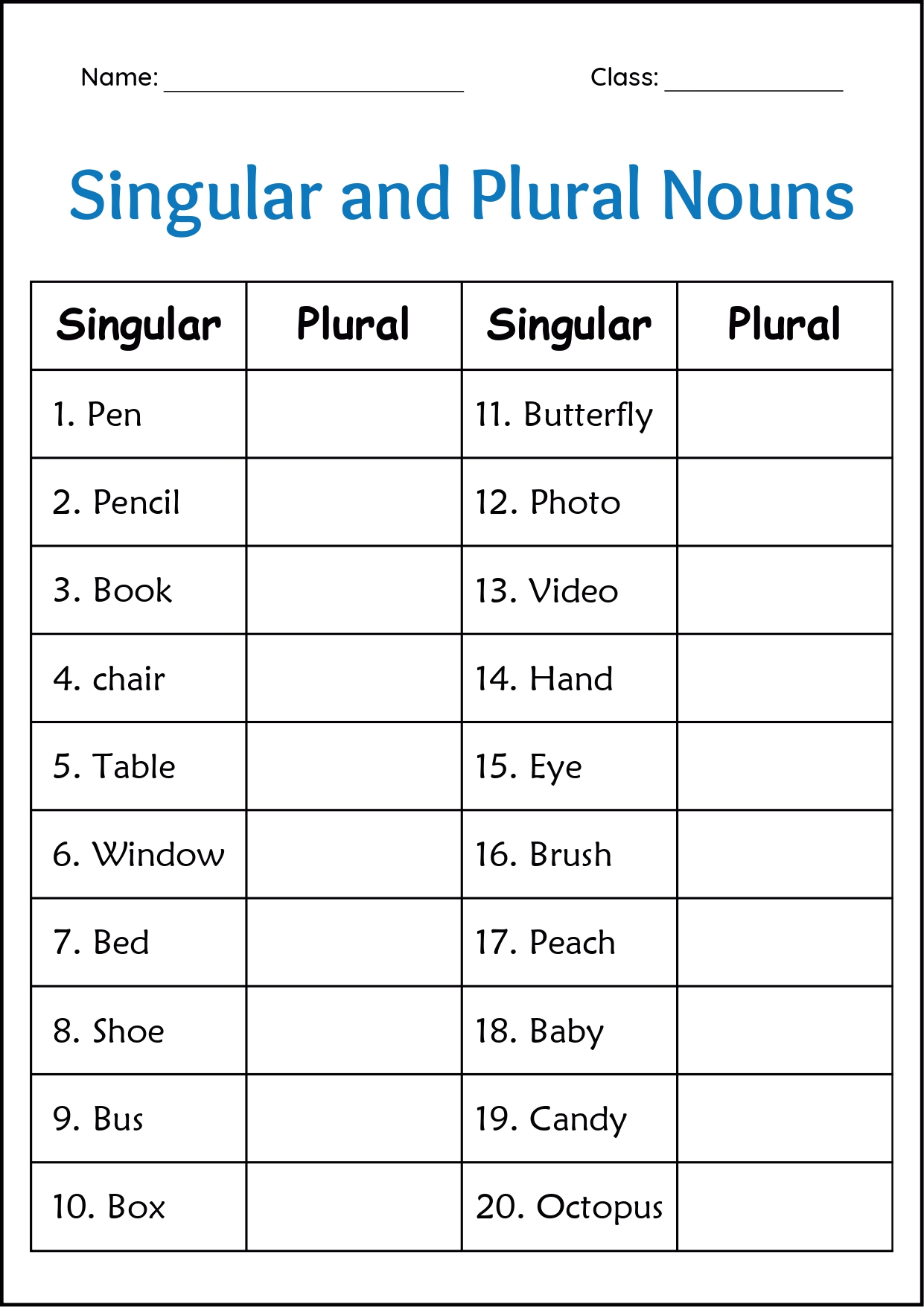 Singular and Plural Nouns Activity Worksheets for Grade 1, 2, 3 ...