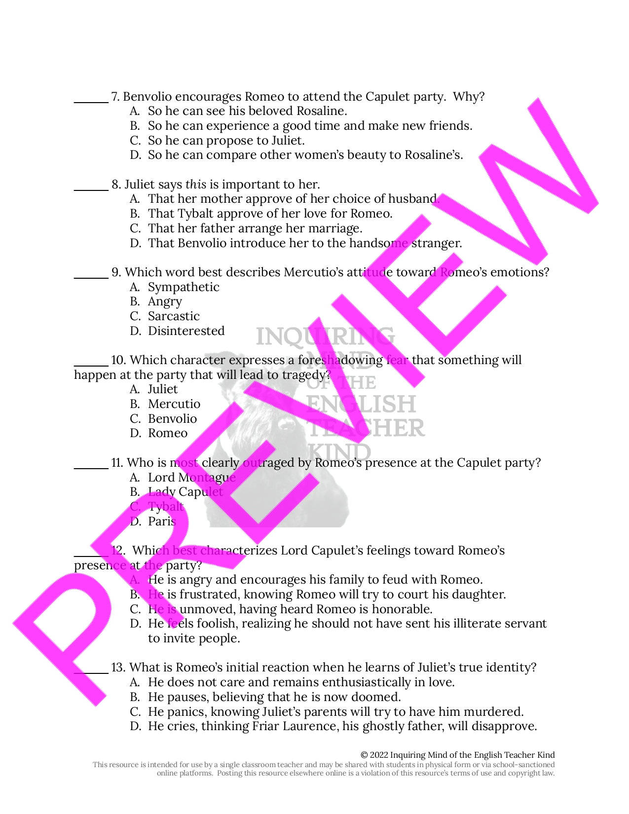 Romeo and Juliet Act 1 Quiz and Answer Key | Teaching Resources