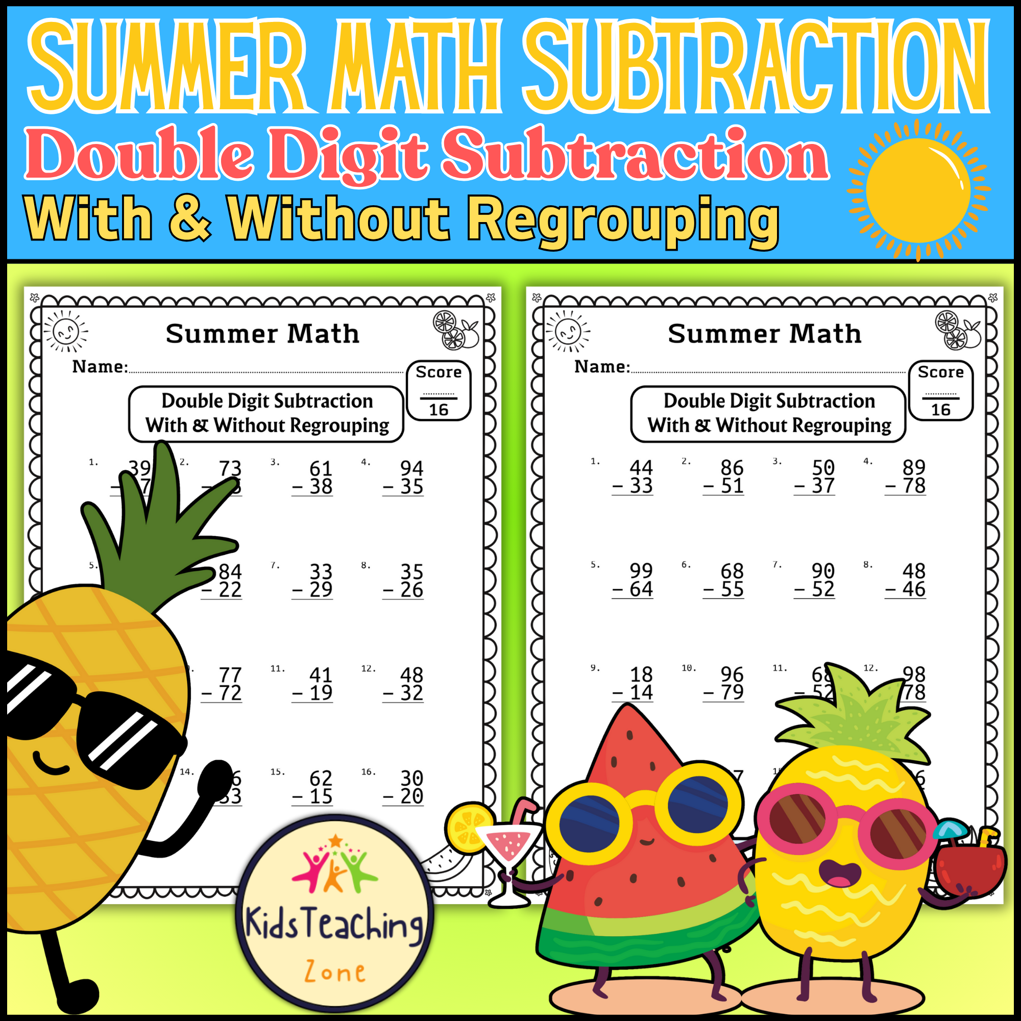 Summer Math: Double Digit Subtraction Worksheets With & Without ...