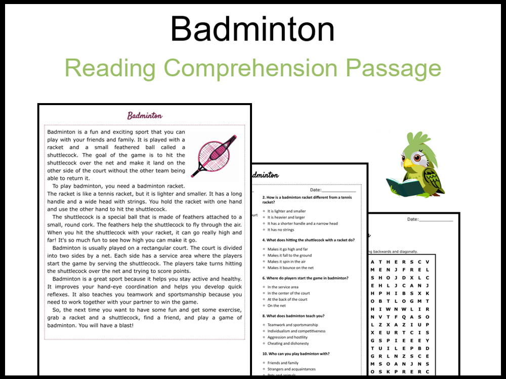 Badminton Reading Comprehension and Word Search | Teaching Resources