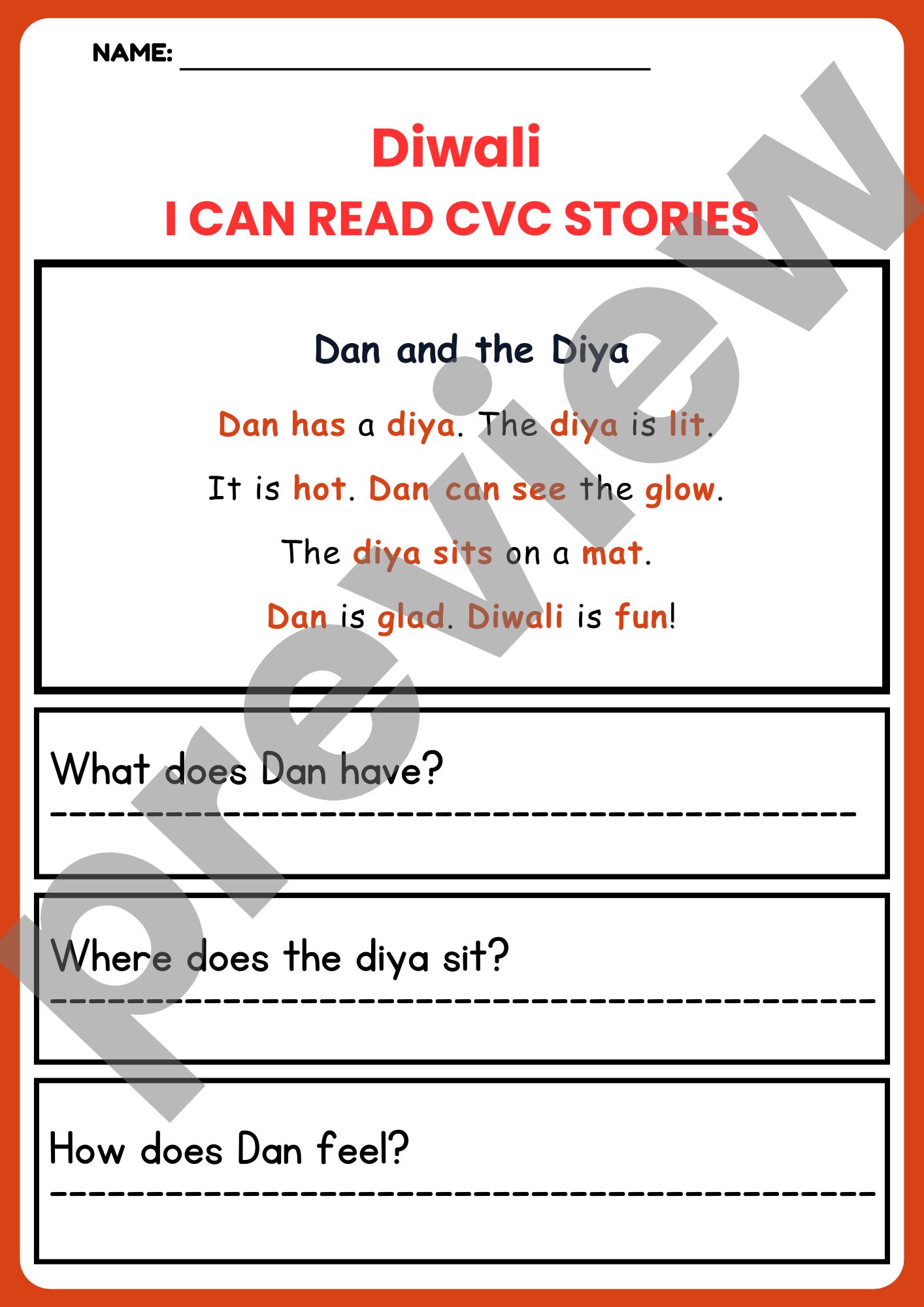 Diwali Reading Comprehension CVC Stories | Teaching Resources