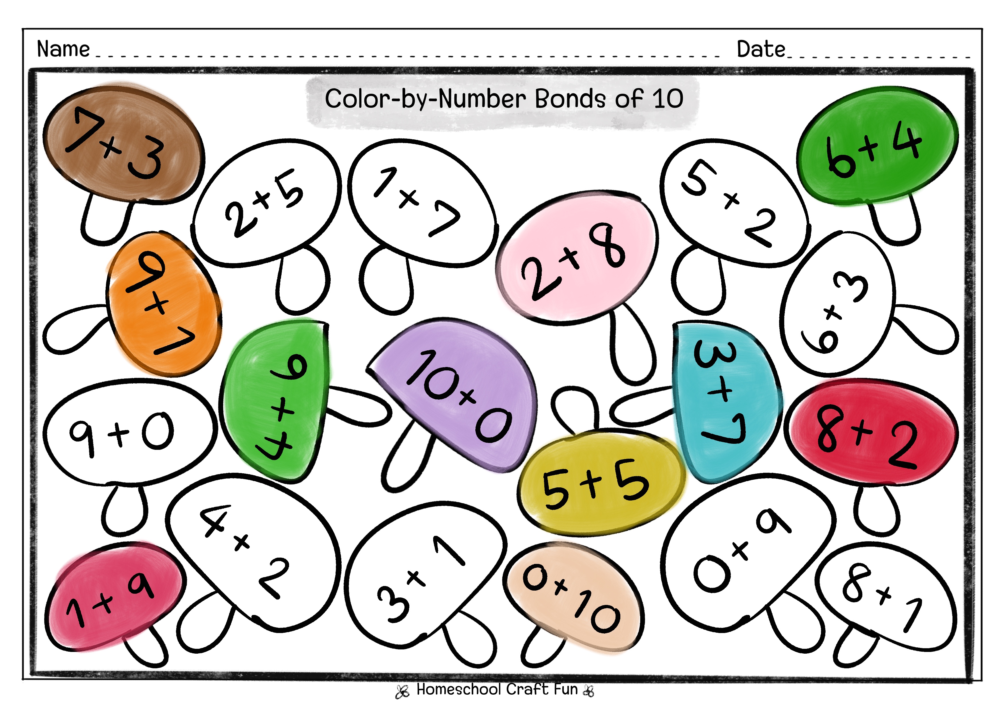 Number bonds to 10, Friend of 10, Color Pairs, worksheet, Kindergarten ...
