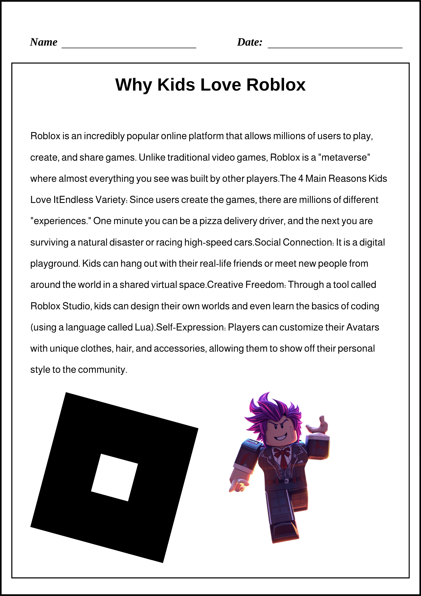 All About Roblox Reading Comprehension & Activities (Level 3-6 ...