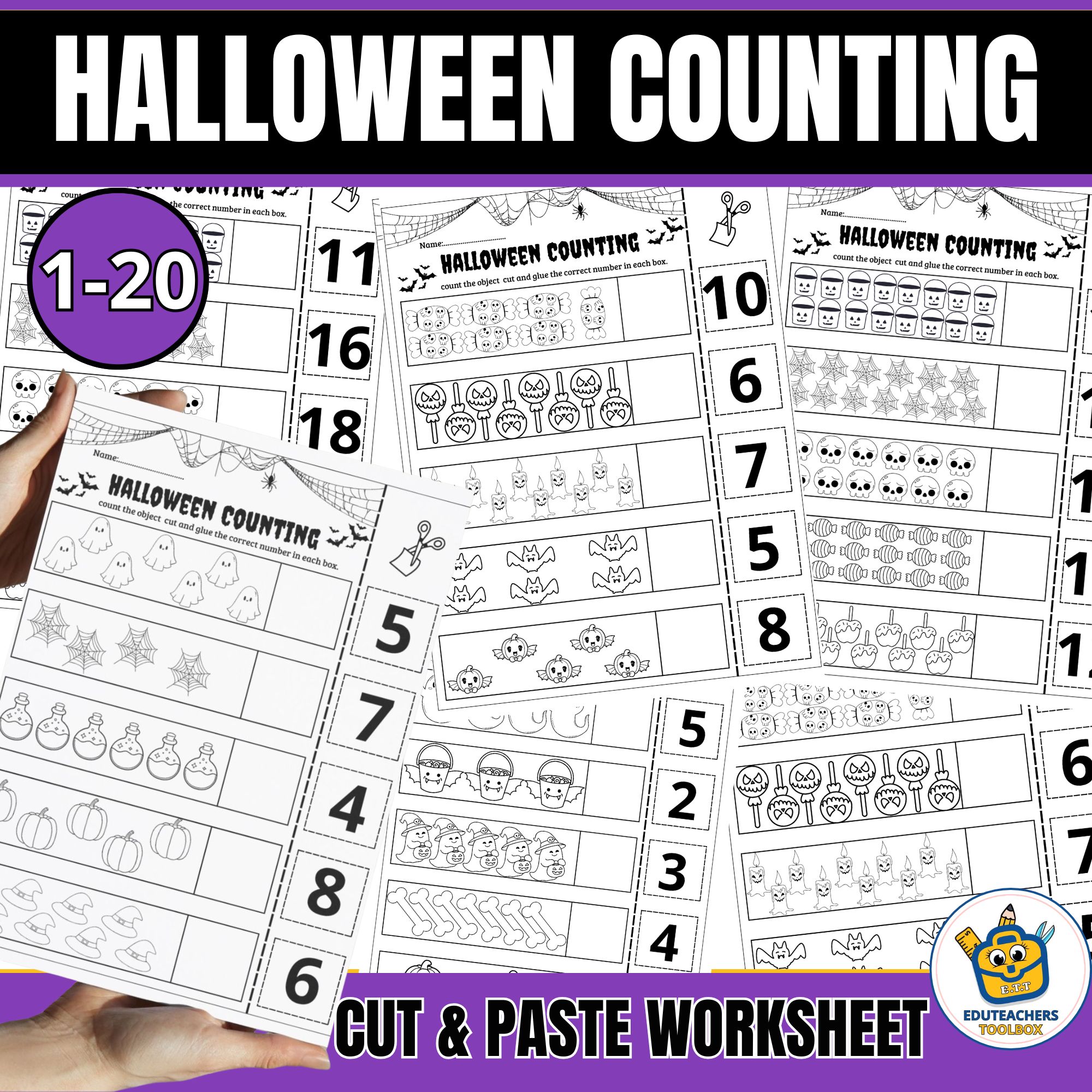 Halloween Counting 1–20 | Cut and Paste Math Worksheets for Preschool ...