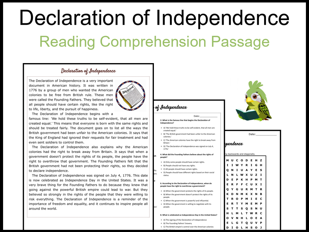 Declaration of Independence Reading Comprehension and Word Search ...