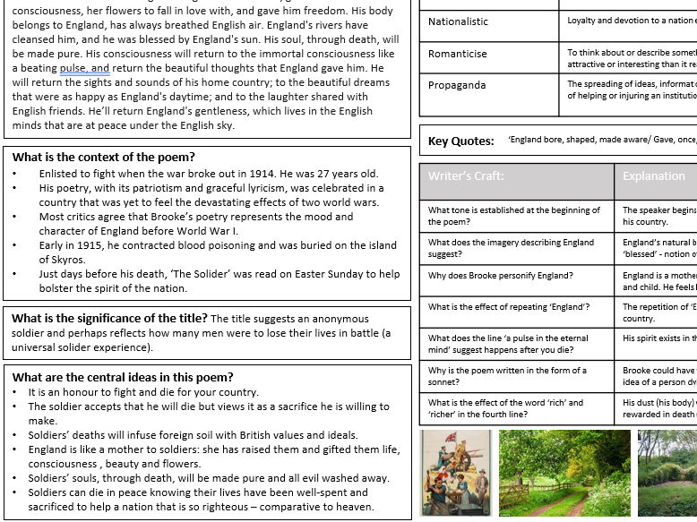 WW1 poem, The Soldier by Rupert Brooke Knowledge Organiser | Teaching ...