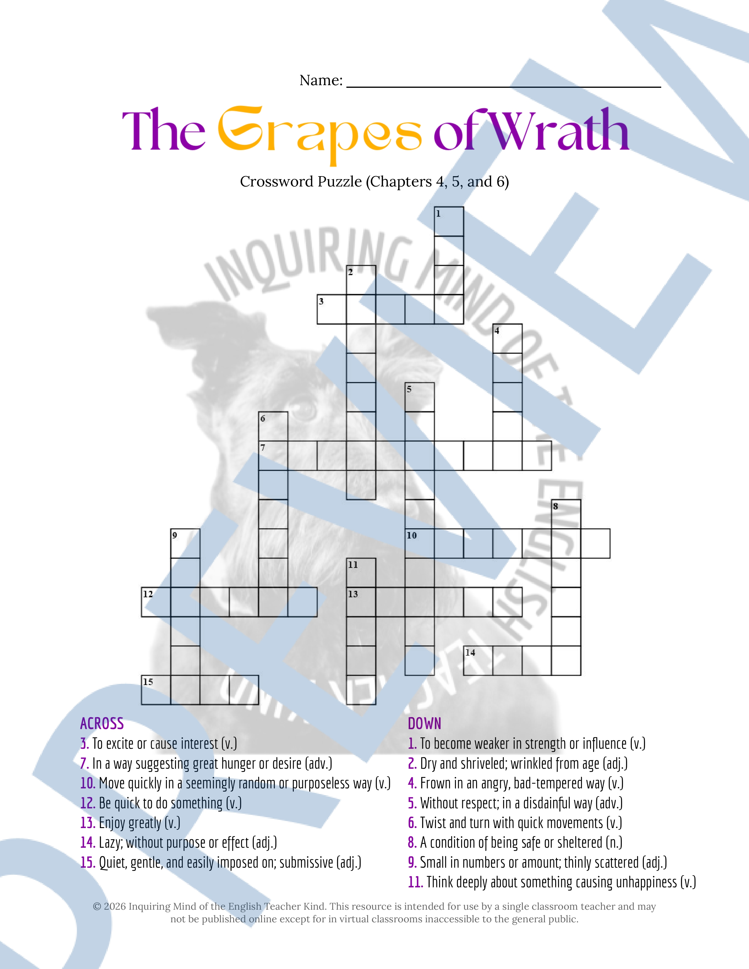 The Grapes of Wrath Chapters 4, 5 & 6 Vocabulary Worksheet, Crossword ...