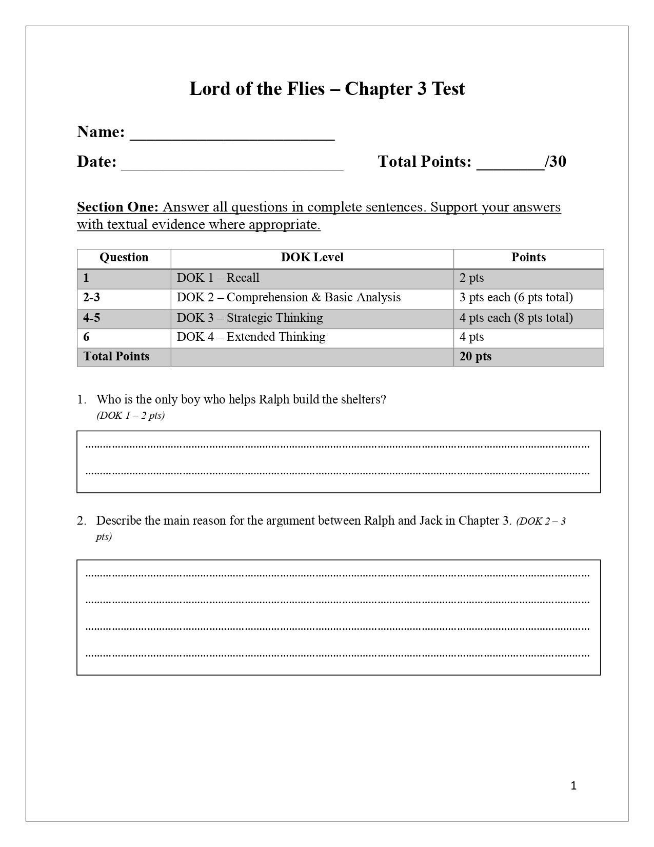 Lord of the Flies Chapter 3 Test/Quiz (DOK 1–4 + ACT-Style Reading ...