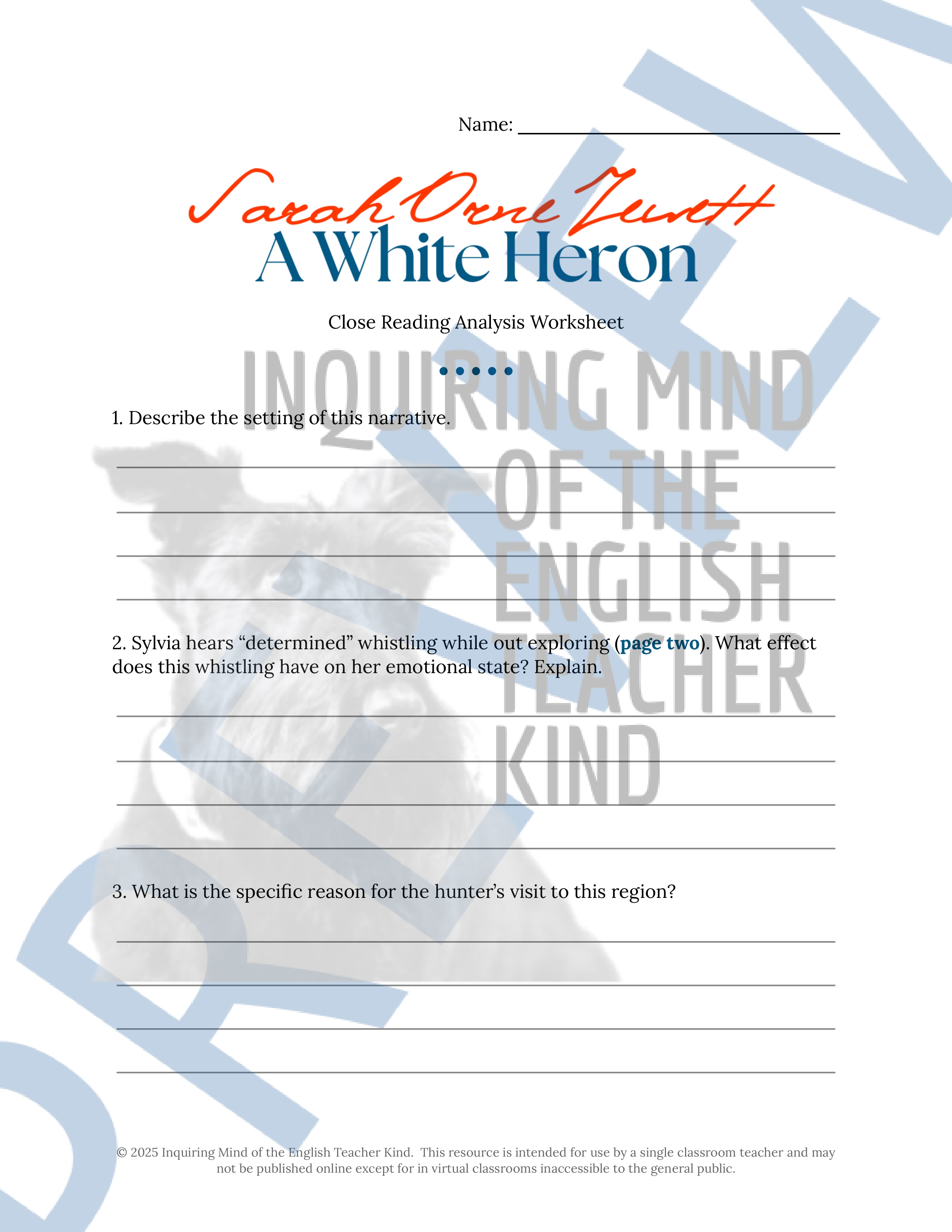 "A White Heron" by Sarah Orne Jewett Close Reading Worksheet and ...