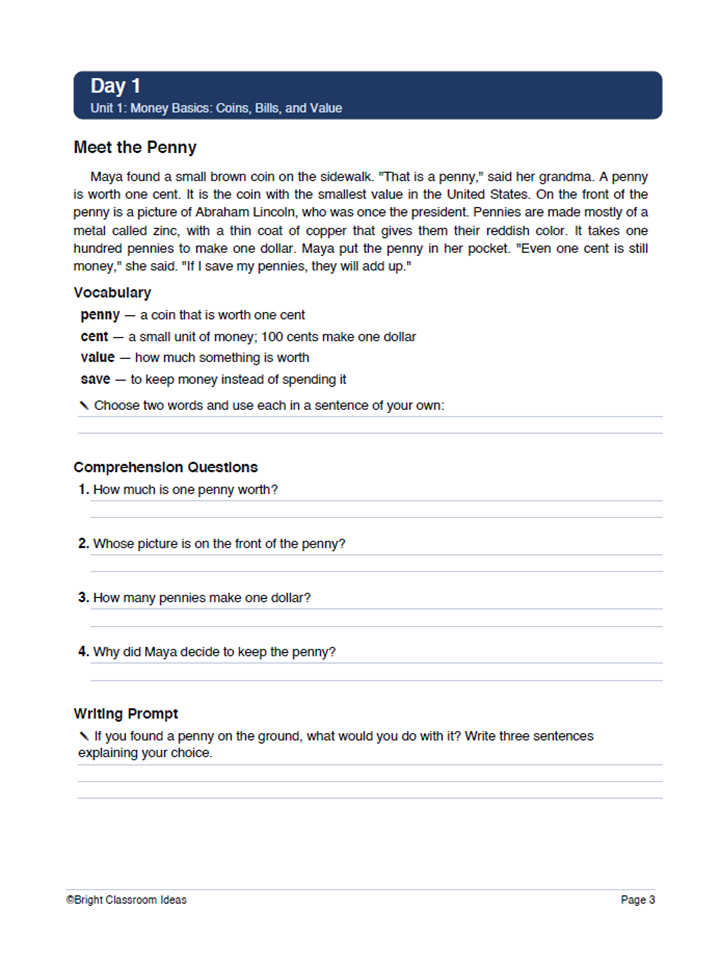 Grade 3 Financial Literacy Reading Comprehension | 180 Daily Passages ...